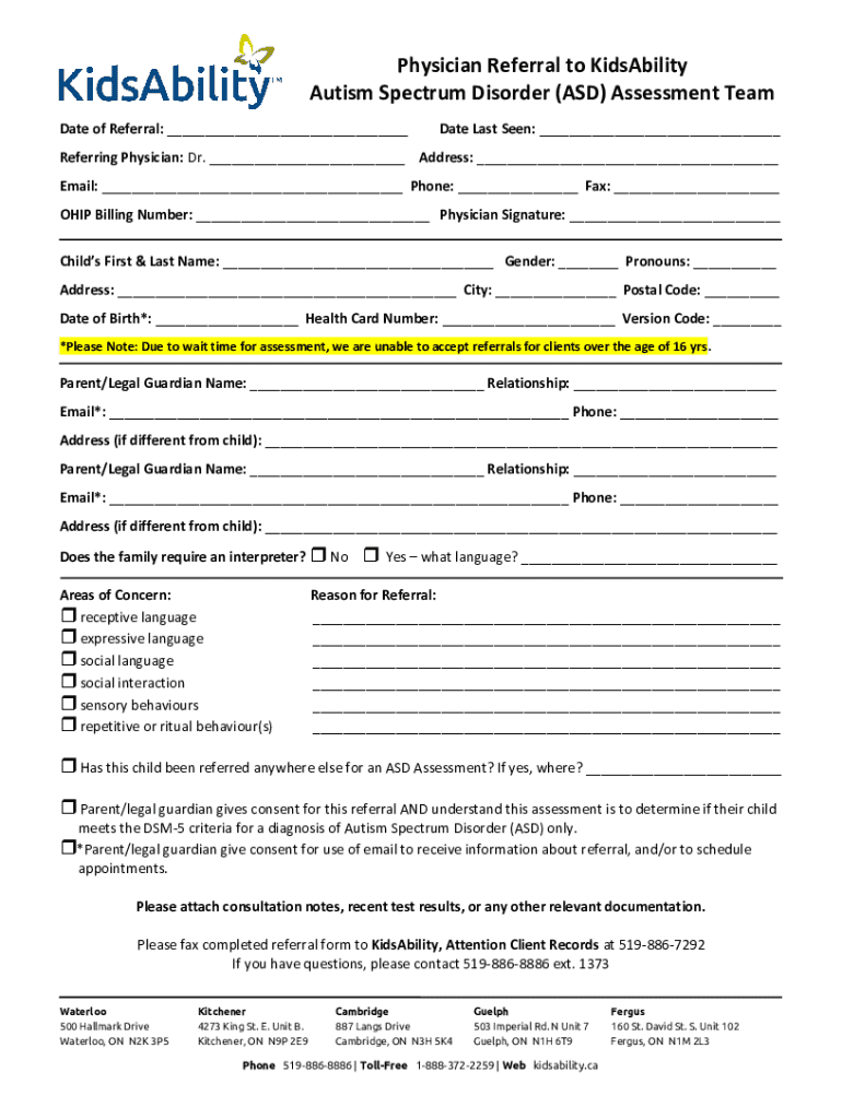 Fillable Online Physician Referral to KidsAbility Autism Spectrum ...