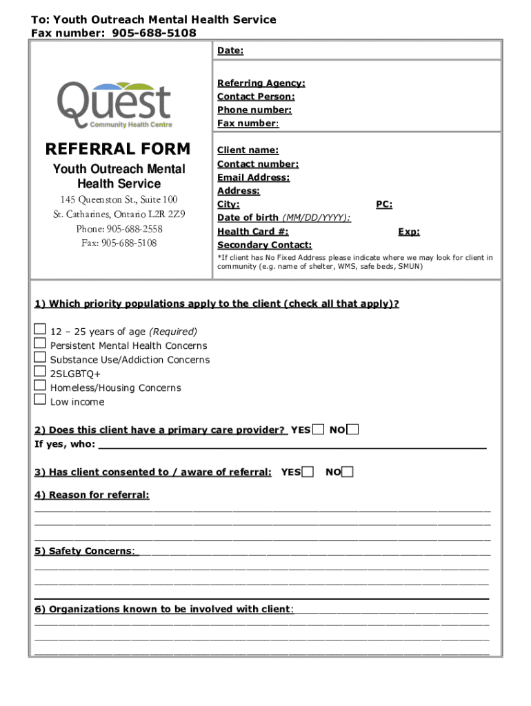 Fillable Online Youth Outreach Mental Health Service Referral Fax Email ...