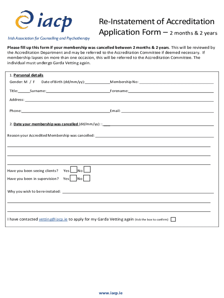 Fillable Online Re-Instatement of Accreditation Application Form Fax ...