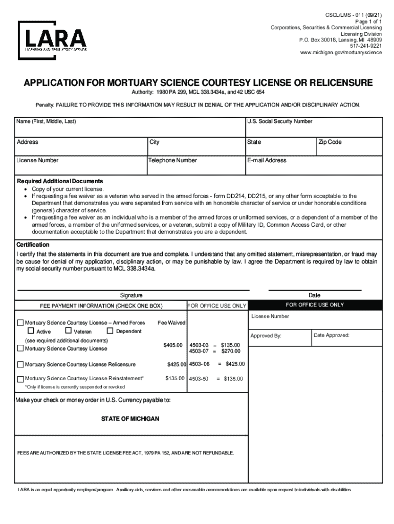 Fillable Online Application for a Mortuary Science Courtesy License or ...