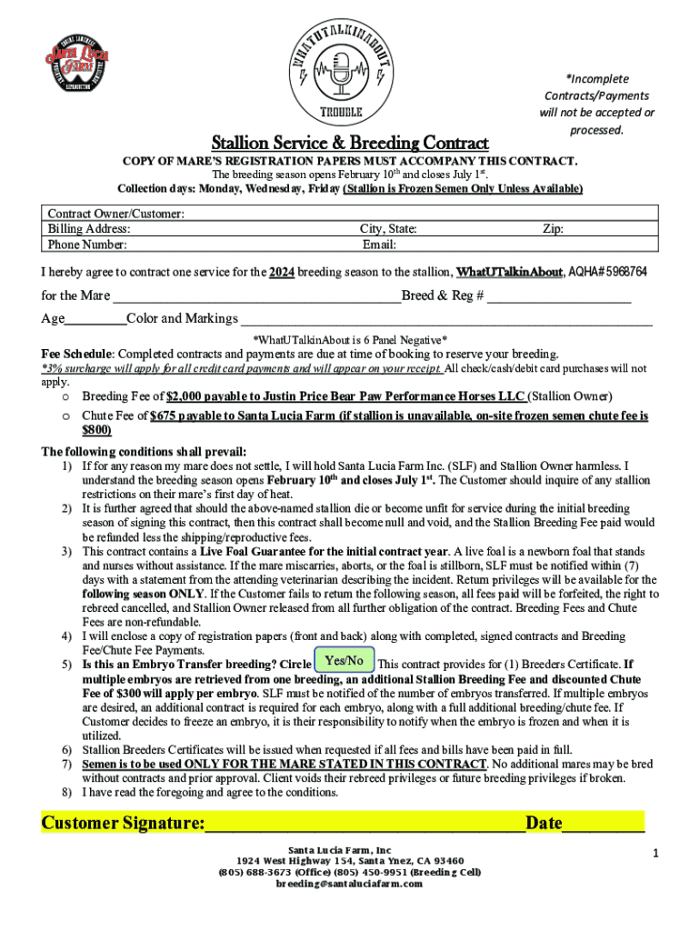 Fillable Online Read Before You Breed: Stallion Service Contracts for ...