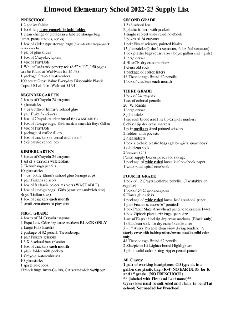 Fillable Online elk neck elementary school 2024-2025 supply list Fax ...