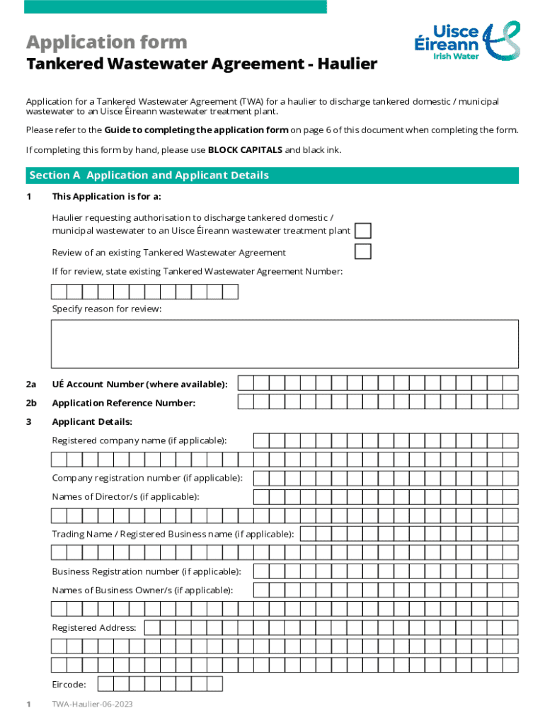 Fillable Online Application form - Tankered Wastewater Agreement ...