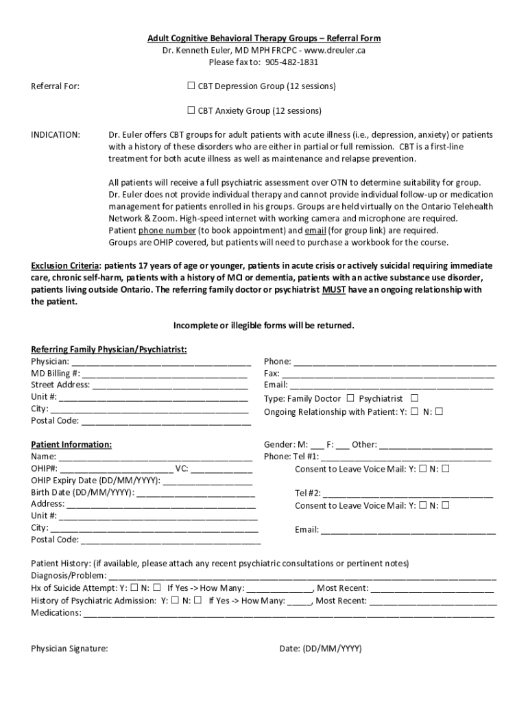 Fillable Online Adult Cognitive Behavioral Therapy Groups Referral Form ...