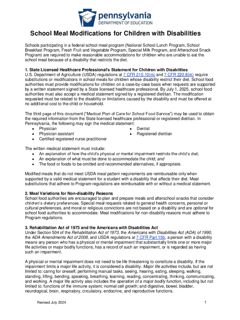 Fillable Online School Meal Modifications for Children With ...