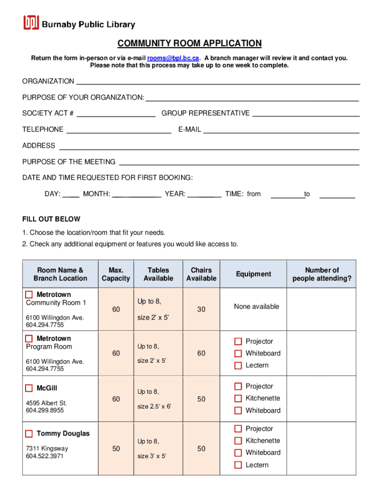 Fillable Online Community Room Booking Application Fax Email Print - pdfFiller