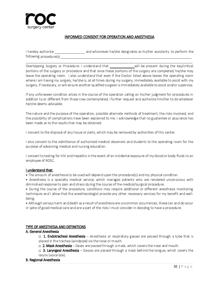 Fillable Online Informed Consent for Surgery and Anesthesia Fax Email ...