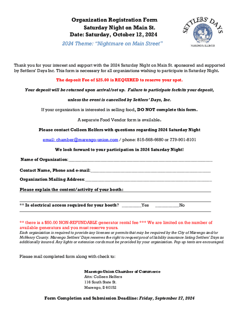 Fillable Online 2024 Saturday Night on Main St. Organization ...