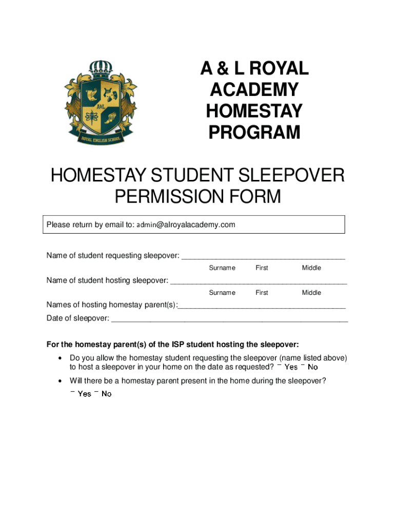 Fillable Online a & L Royal Academy Homestay Program Sleepover ...