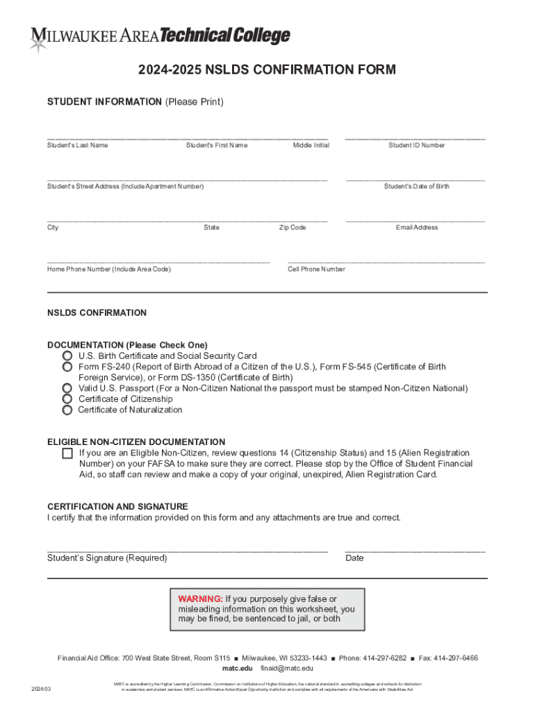 Fillable Online 2024-2025 Nslds Confirmation Form Fax Email Print ...