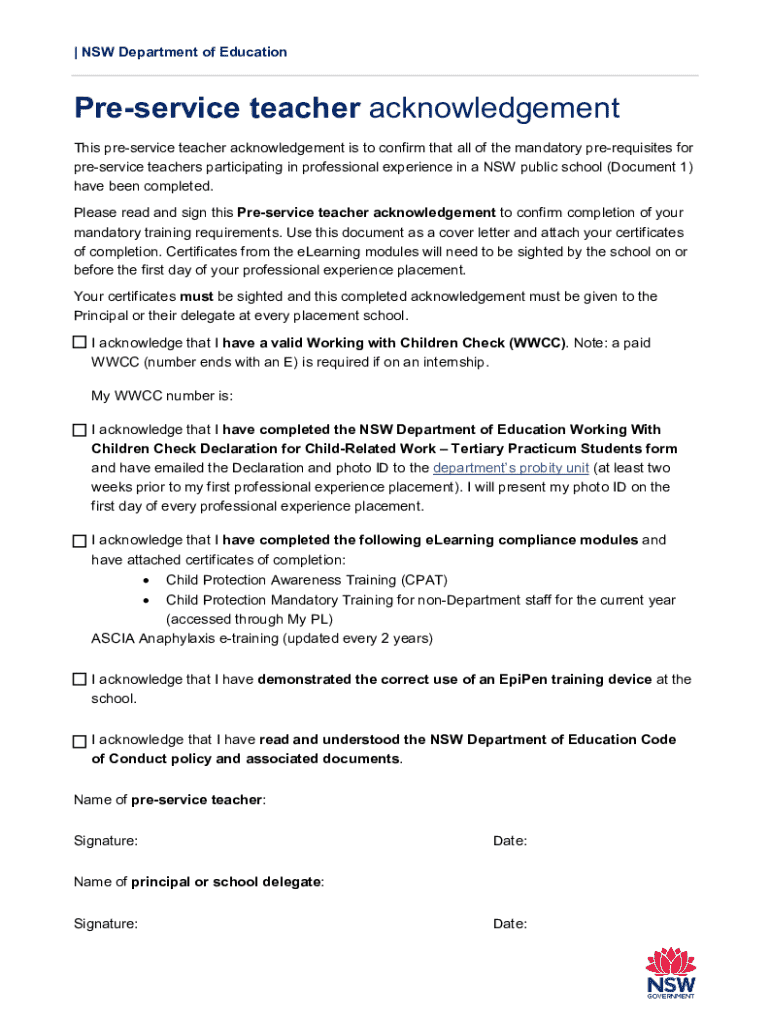 Fillable Online Nsw Department of Education Pre-service Teacher ...