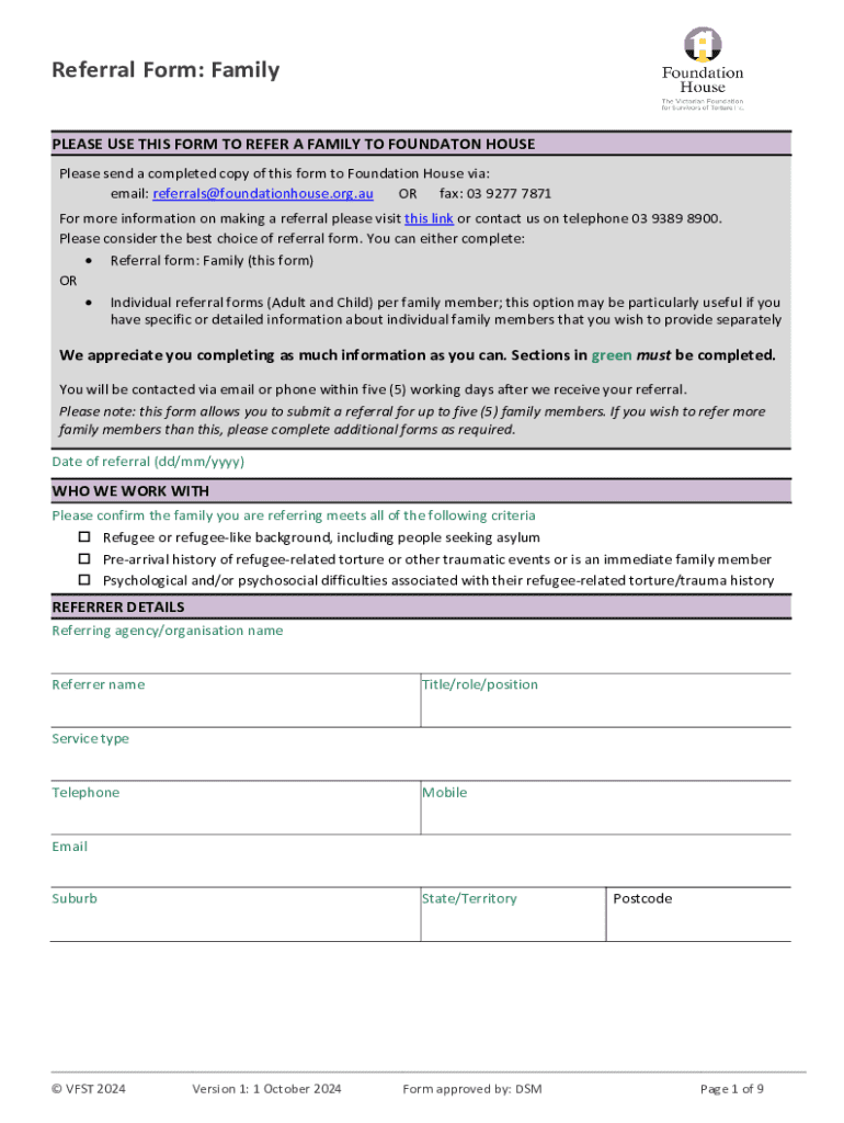Fillable Online Family Referral Form for Foundation House Fax Email ...