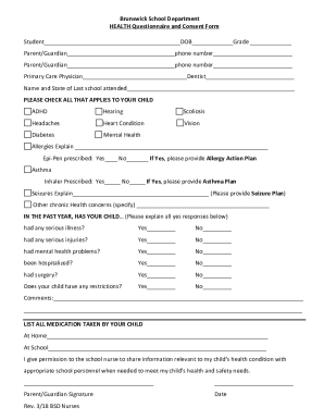 Fillable Online Brunswick School Department Health Questionnaire and Consent Form Fax Email ...