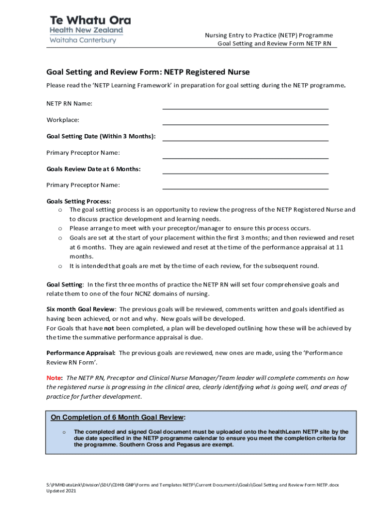 Fillable Online Nursing Entry to Practice (netp) Programme - Goal ...