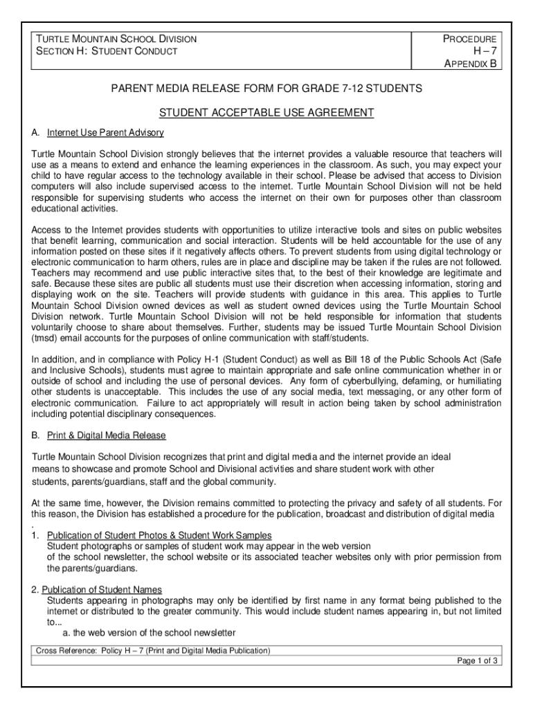 Fillable Online parent media release form for grade 7-12 students ...