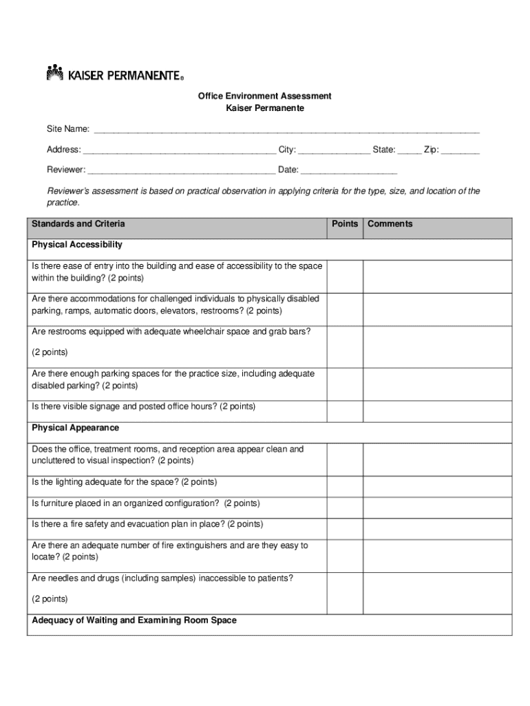Fillable Online Office Environment Assessment - Kaiser Permanente Fax ...