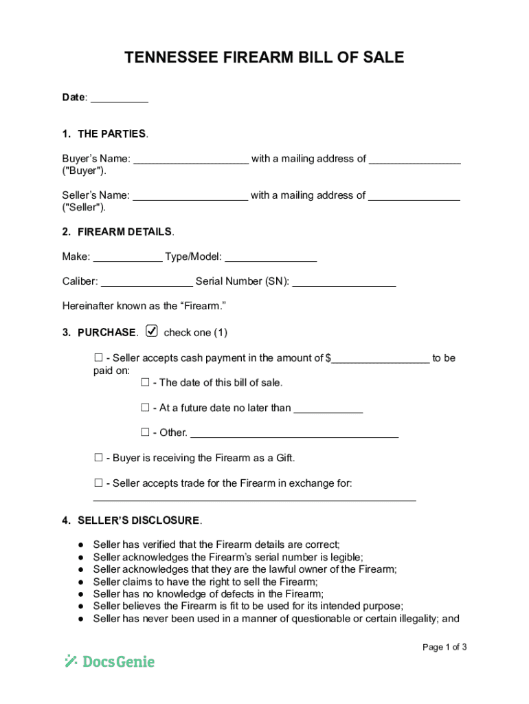 Fillable Online Tennessee Firearm Bill of Sale Fax Email Print - pdfFiller