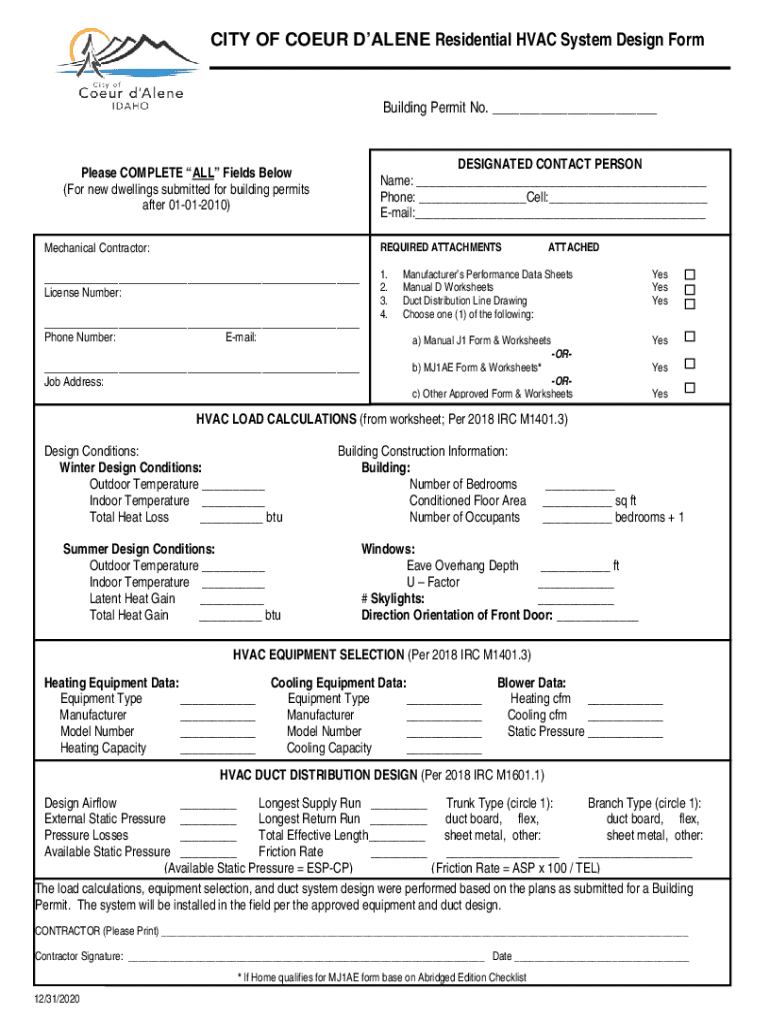 Fillable Online City of Coeur D’alene Residential Hvac System Design ...
