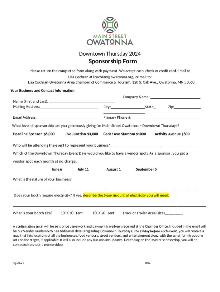 Downtown Thursday 2024 Sponsorship Doc Template | pdfFiller
