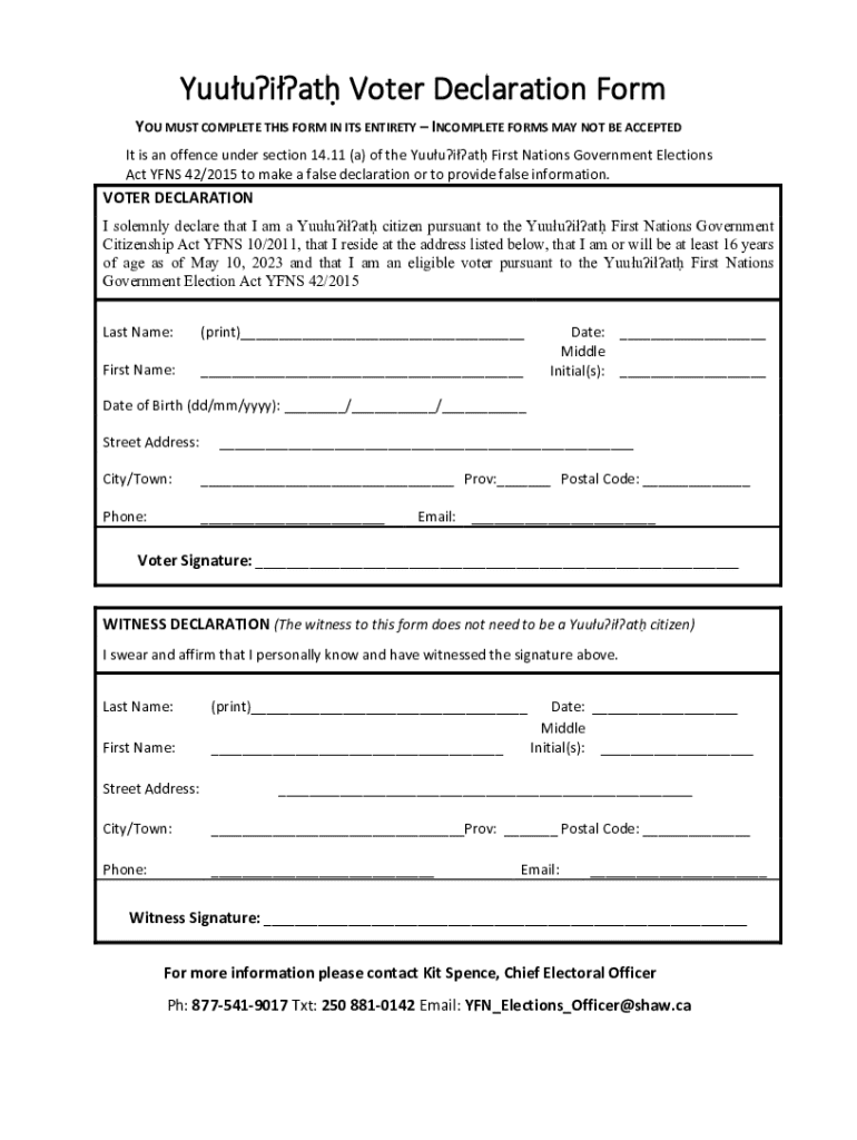 Fillable Online Yuułuʔılıʔatḥ Voter Declaration Fax Email Print - pdfFiller