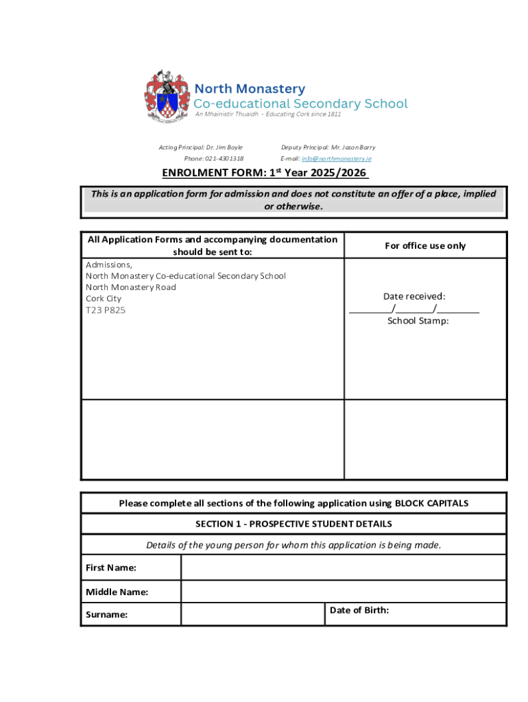 Fillable Online ENROLMENT FORM: 1st Year 2025/2026 - Cork Fax Email Print - pdfFiller