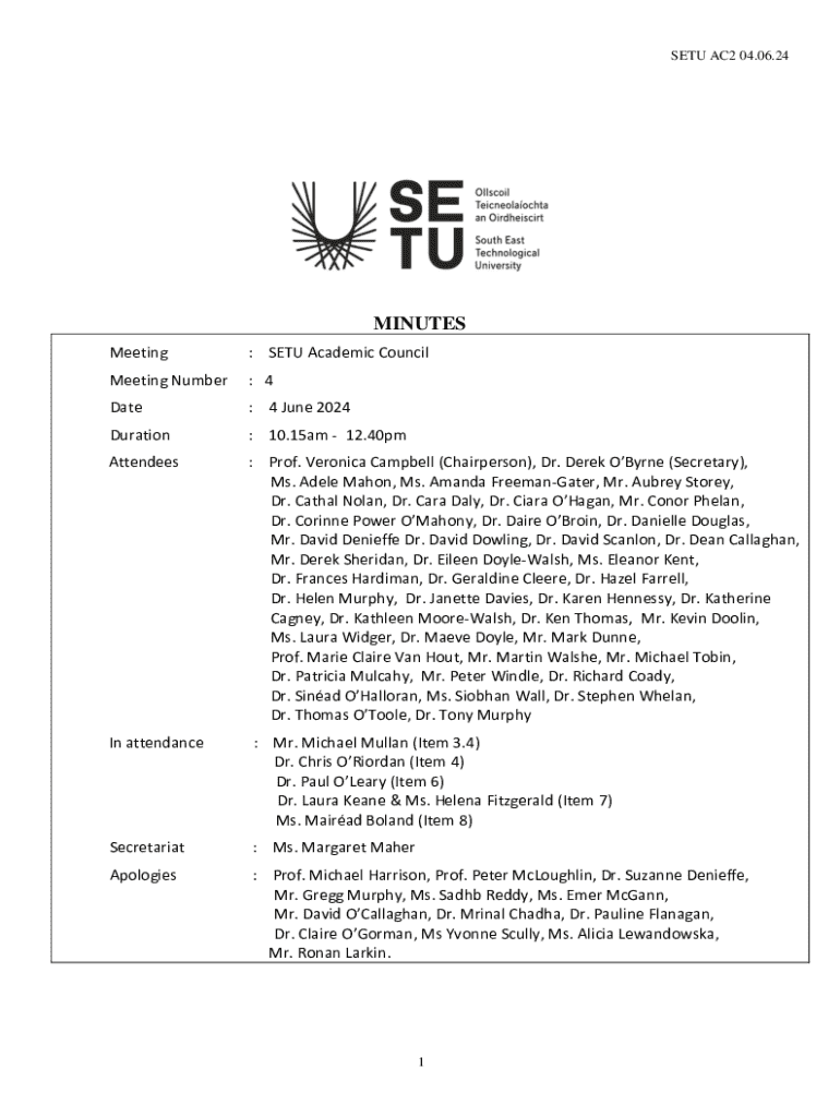 Fillable Online Minutes of Setu Academic Council Meeting Fax Email ...