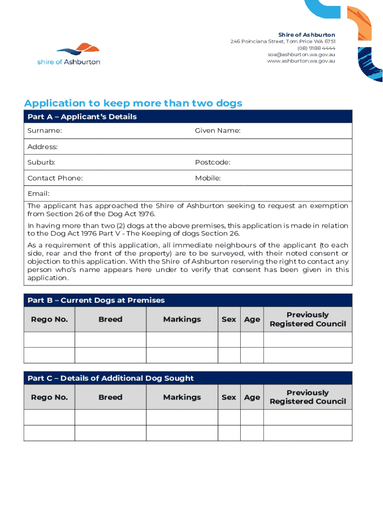 Fillable Online Application to Keep More Than Two Dogs - Shire of ...