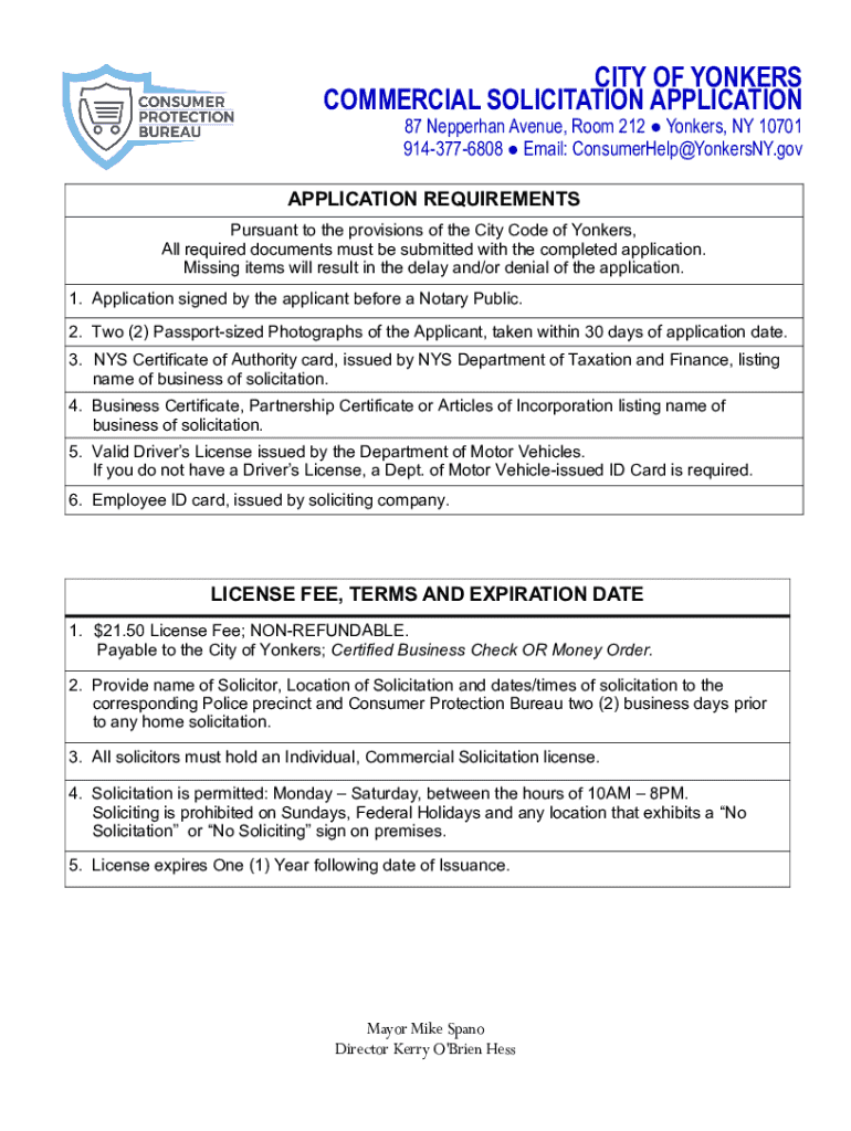 Fillable Online CITY OF YONKERS COMMERCIAL SOLICITATION APPLICATION Fax Email Print - pdfFiller