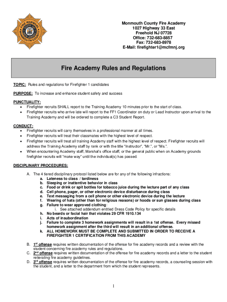 Fillable Online Monmouth County Fire Academy Firefighter 1 Rules and ...