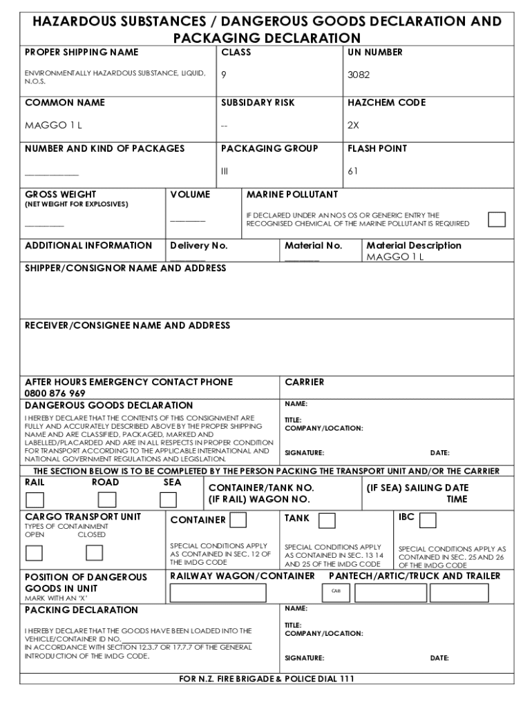 Fillable Online HAZARDOUS SUBSTANCES / DANGEROUS GOODS DECLARATION AND ...
