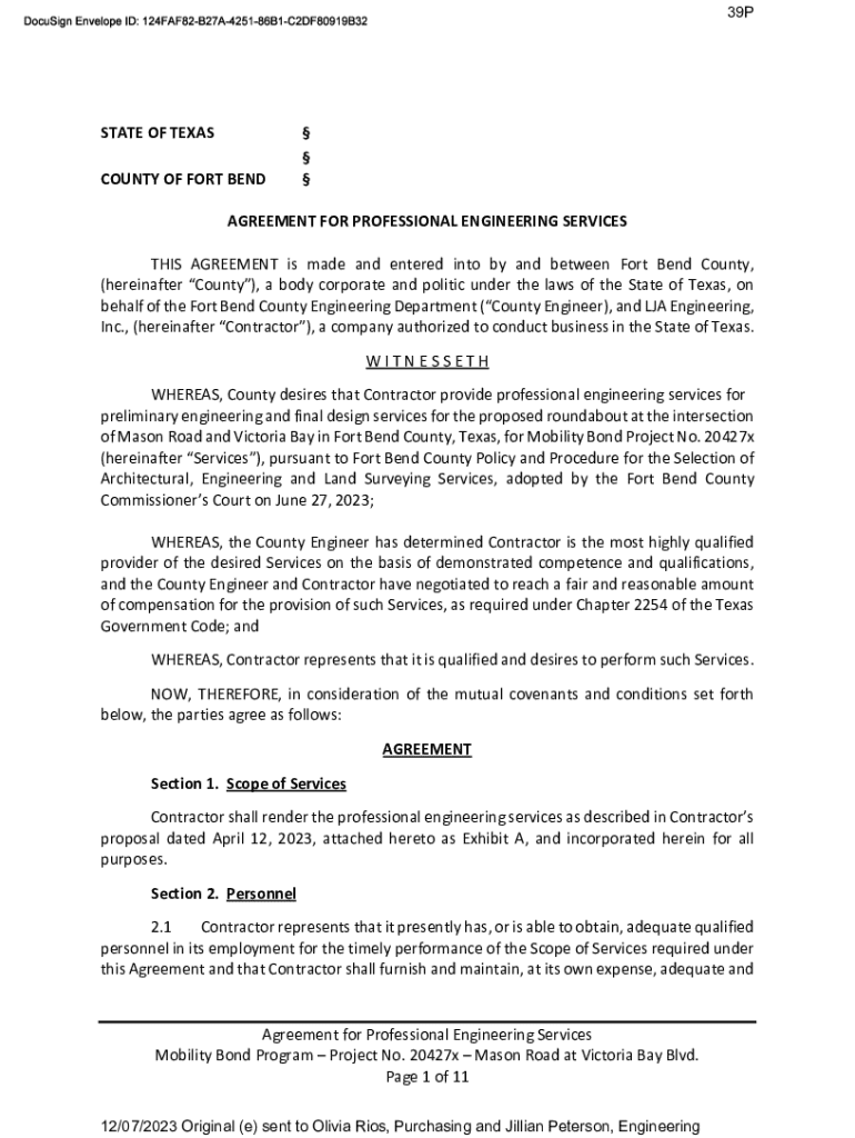 Fillable Online Agreement for Professional Engineering Services City of ...