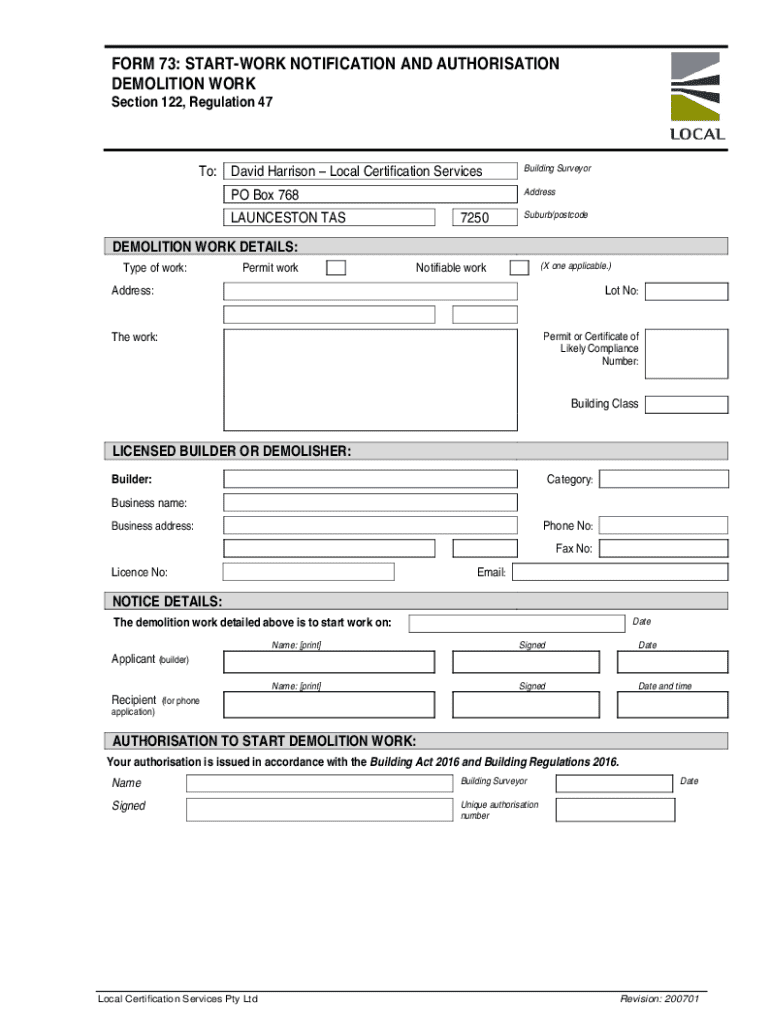 Fillable Online Form-73-Start-Work-Notification-and-Authorisation ...