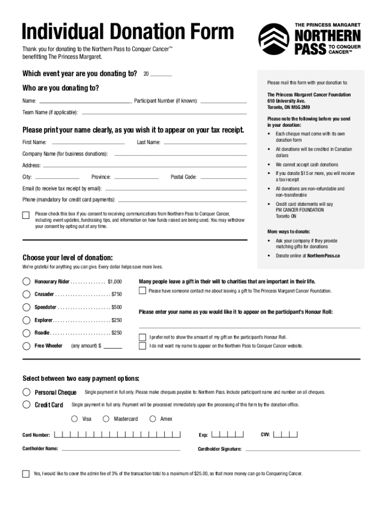 Fillable Online Donation Form for Northern Pass to Conquer Cancer Fax ...