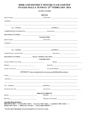 Fillable Online Stages Rally Entry Form - Birr and District Motor Club ...
