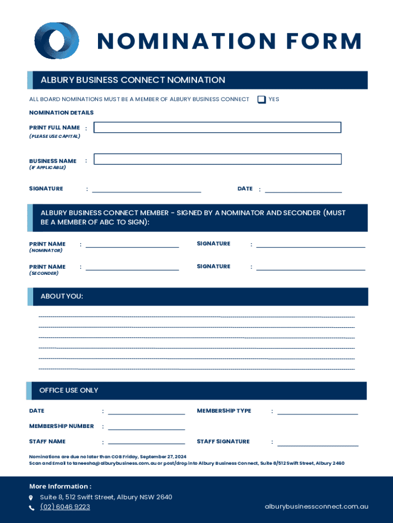 Fillable Online Albury Business Connect Board of Directors Nomination Form Fax Email Print ...