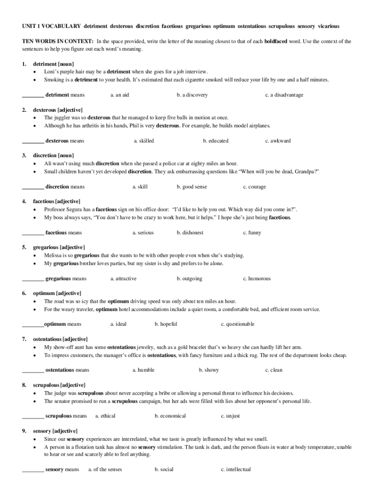 Fillable Online Vocabulary Context and Application Fax Email Print - pdfFiller