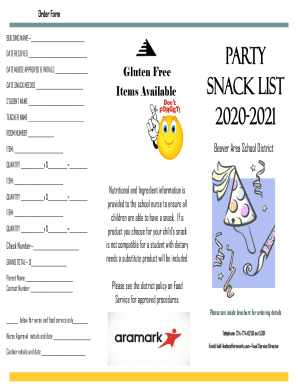 Fillable Online Beaver Area School District Party Snack List Order Form ...