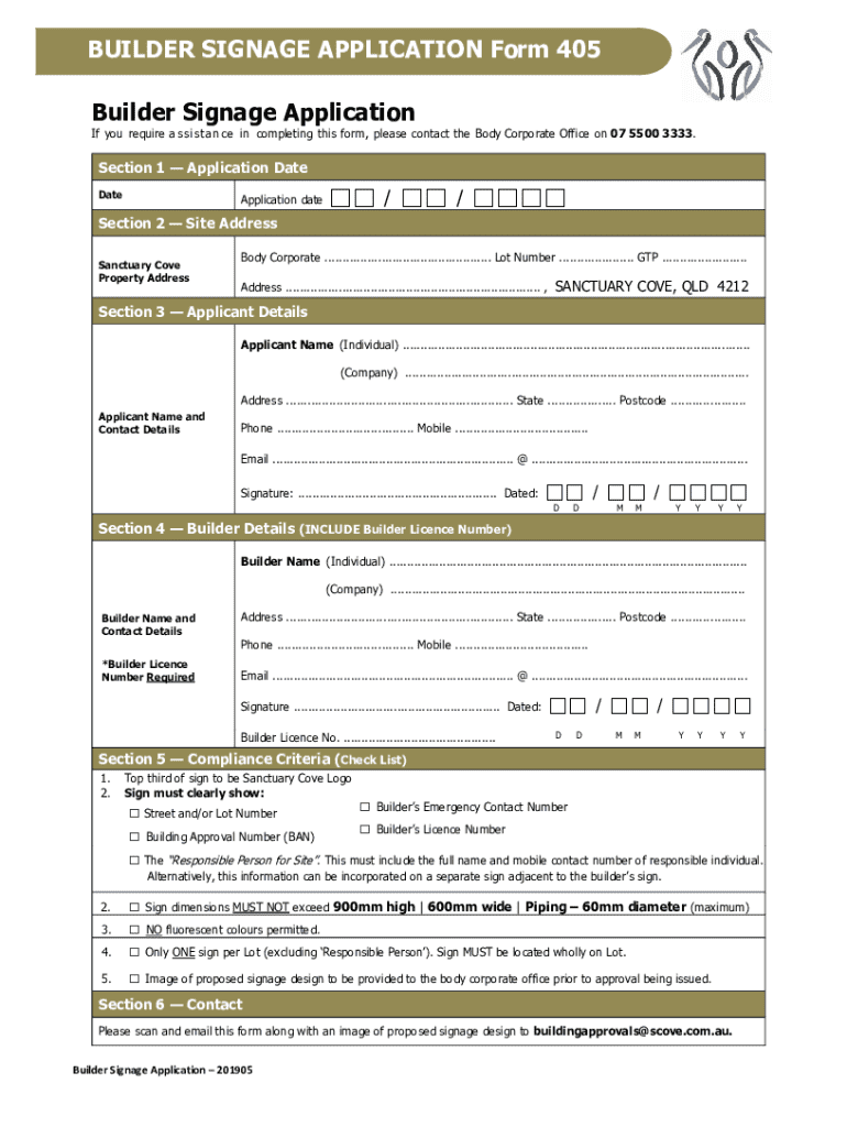 Fillable Online BUILDER SIGNAGE APPLICATION Form 405 ... - Sanctuary Cove Fax Email Print ...
