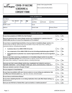 Fillable Online Covid-19 Vaccine Screening & Consent Form Fax Email ...