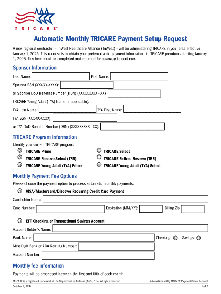 Fillable Online Automatic Monthly TRICARE Payment Setup Request Fax ...