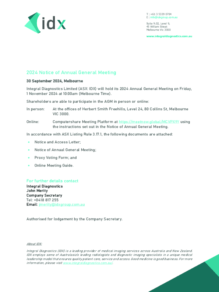 Fillable Online Integral Diagnostics Limited Annual General Meeting Fax ...