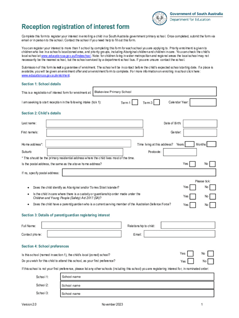 Fillable Online Registering Interest for Enrolling a Child in Primary ...