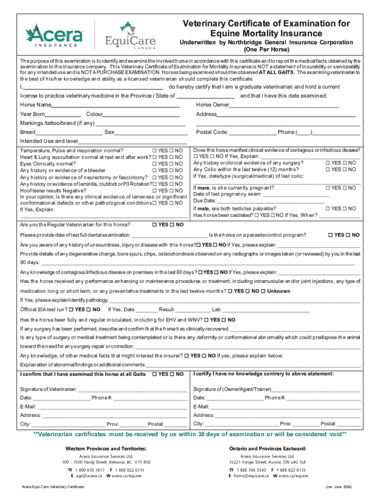 Fillable Online Veterinary Certificate of Examination for Equine ...