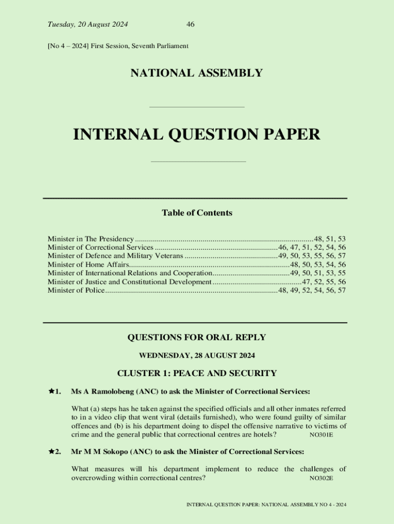 Fillable Online National Assembly Internal Question Paper No 4 - 2024 Fax Email Print - pdfFiller