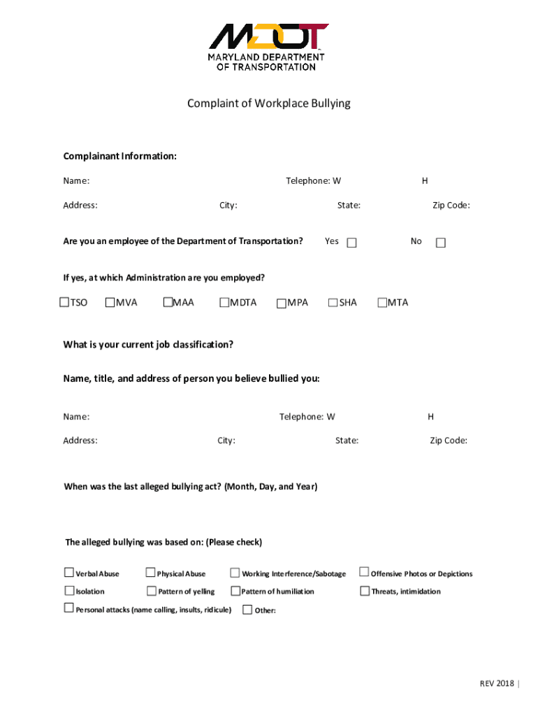 Fillable Online Complaint of Workplace Bullying Fax Email Print - pdfFiller