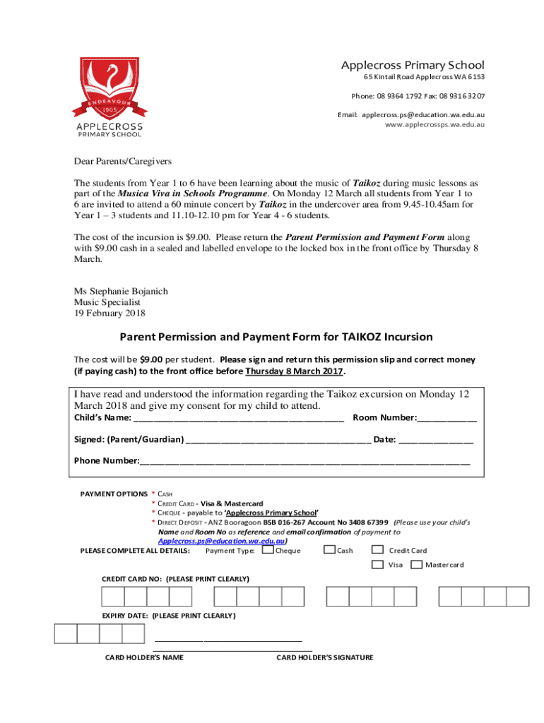 Fillable Online Parent Permission and Payment Form for TAIKOZ Incursion ...