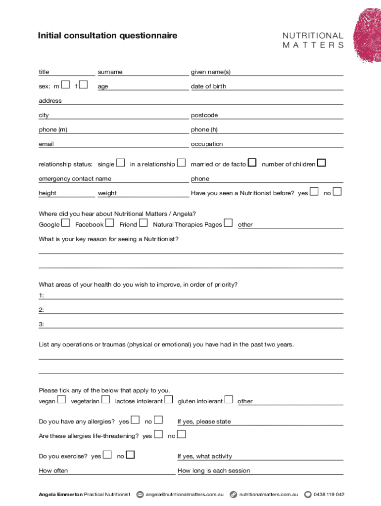 Fillable Online Nutritional Matters Initial Consultation Fax Email Print - pdfFiller