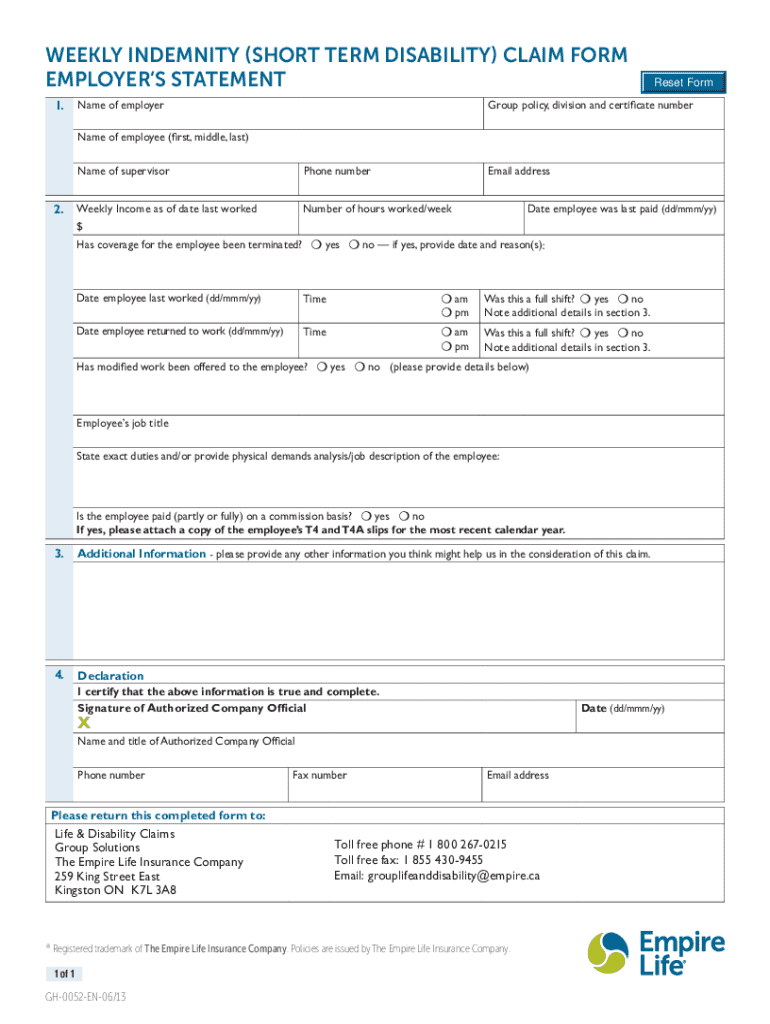 Fillable Online WEEKLY INDEMNITY (SHORT TERM DISABILITY) CLAIM FORM ...