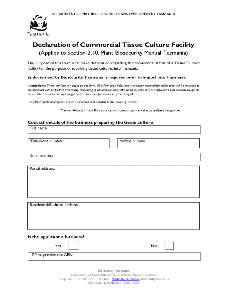 Fillable Online Declaration of Commercial Tissue Culture Facility Fax Email Print - pdfFiller