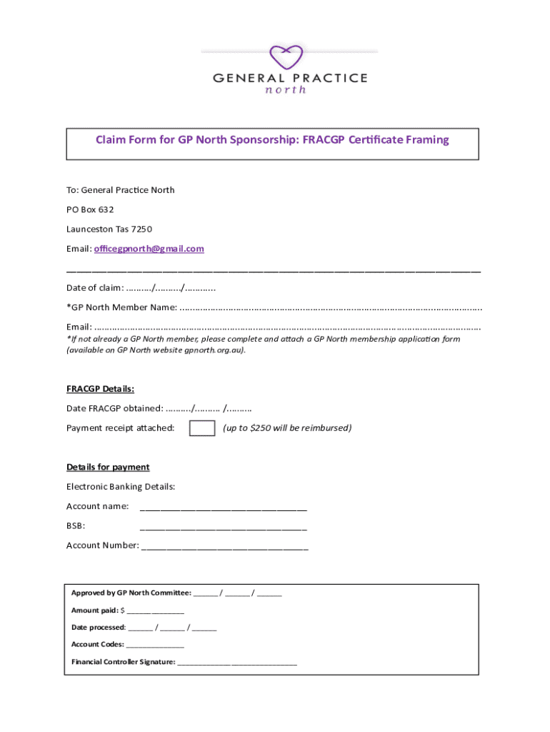 Fillable Online Claim Form for GP North Sponsorship: FRACGP Certificate ...